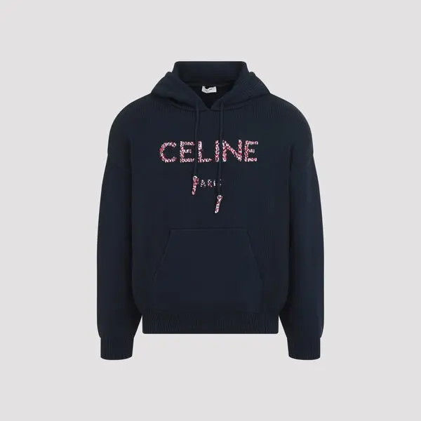 Celine Knit Hoodie With Sequined Logo - Blue