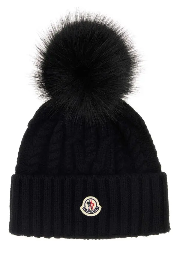 Moncler Logo Knit Beanie Hat For - Black