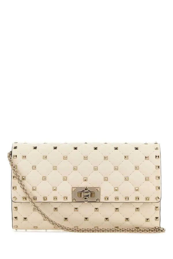 Valentino Garavani Rockstud Spike Mini Nappa Leather Clutch Bag With Crossbody Strap 23 Cm - White