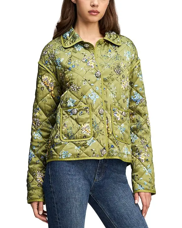 Cinq À Sept Hand Sketched Floral Quilted Jacket - Iguana Multi