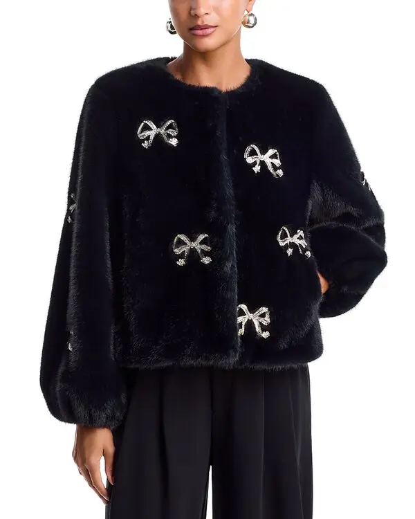 Cinq À Sept Rhinestone Bow Faux Fur Benson Coat