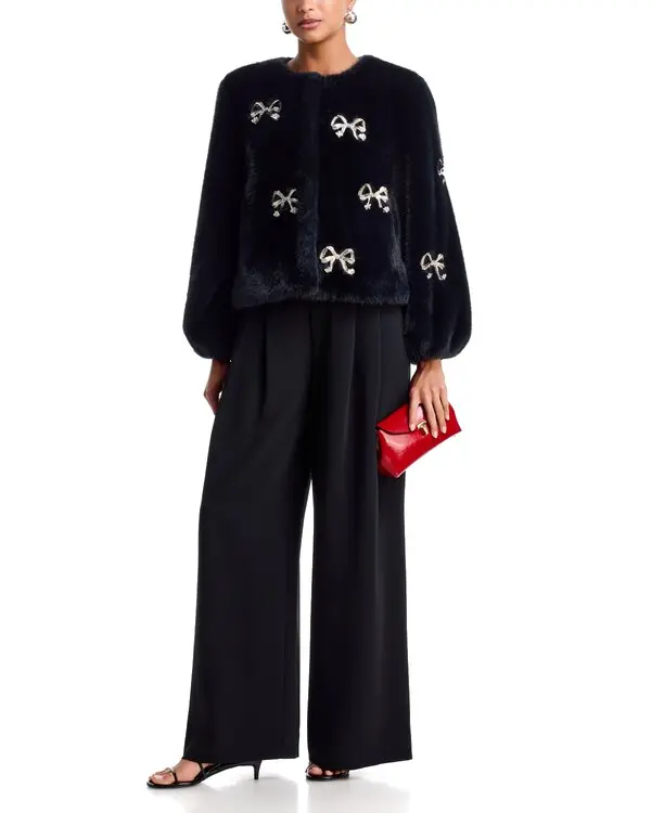 Cinq À Sept Rhinestone Bow Faux Fur Benson Coat