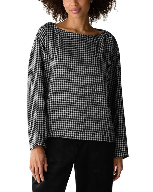 Eileen Fisher Wool Cotton Check Bateau Neck Boxy Top