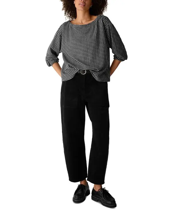 Eileen Fisher Wool Cotton Check Bateau Neck Boxy Top