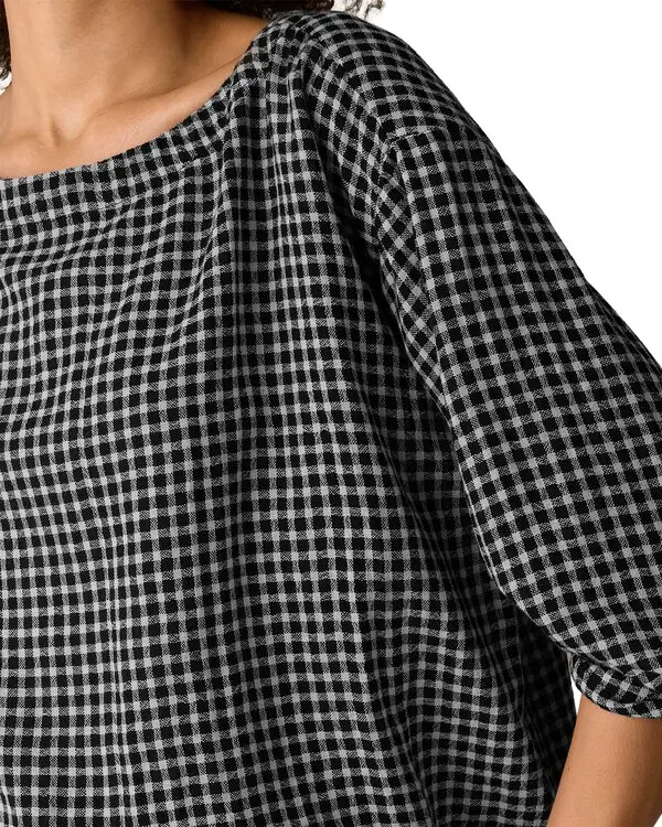 Eileen Fisher Wool Cotton Check Bateau Neck Boxy Top