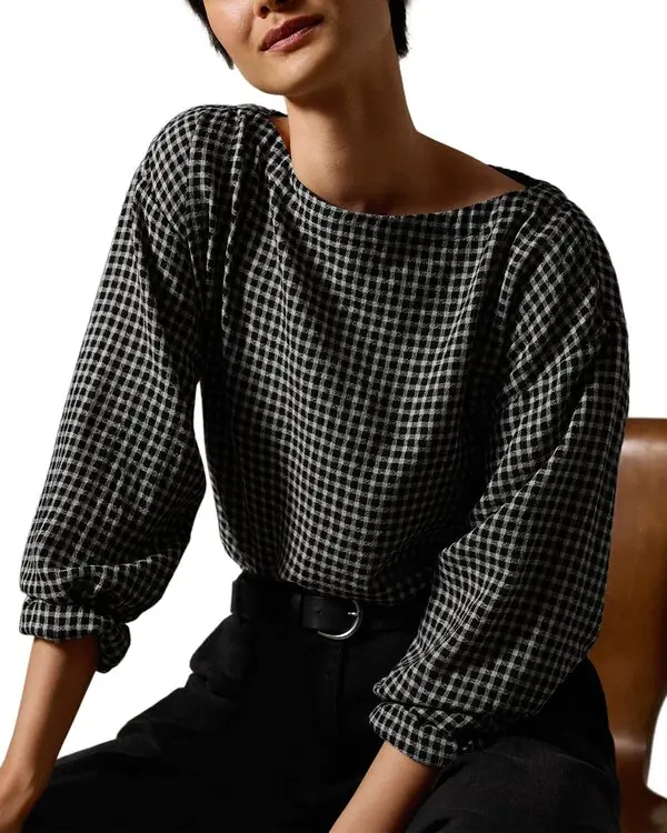 Eileen Fisher Wool Cotton Check Bateau Neck Boxy Top