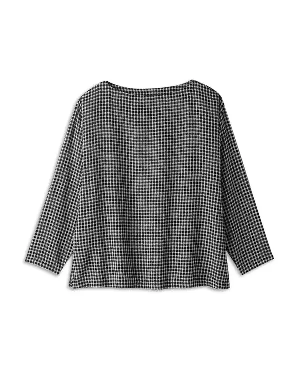 Eileen Fisher Wool Cotton Check Bateau Neck Boxy Top