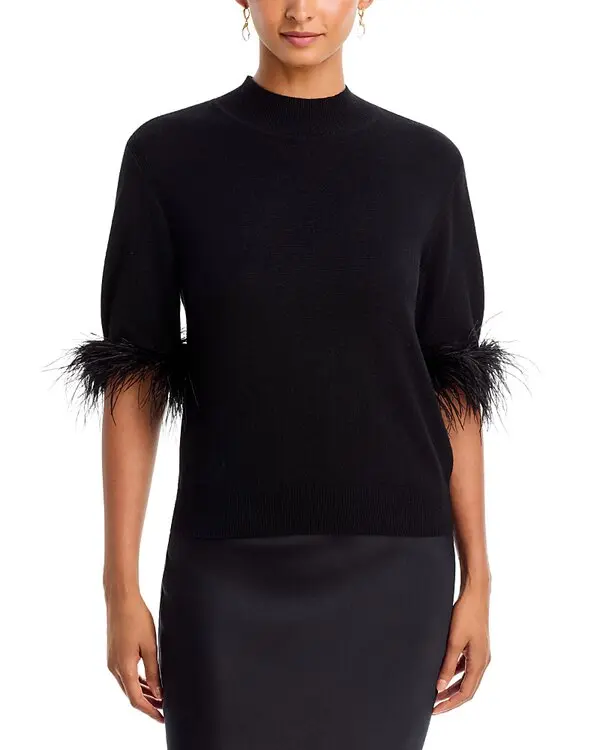 MILLY Feather Trim Short Sleeve Sweater
