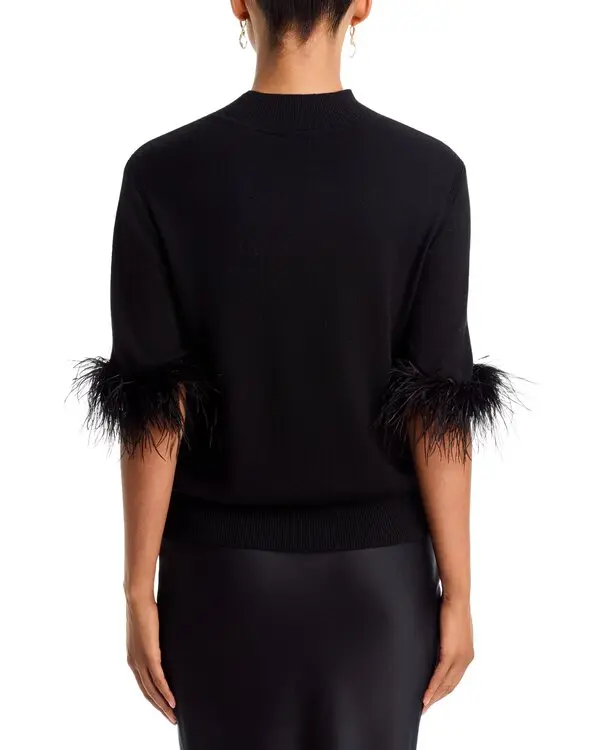 MILLY Feather Trim Short Sleeve Sweater