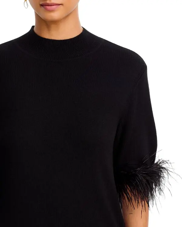 MILLY Feather Trim Short Sleeve Sweater