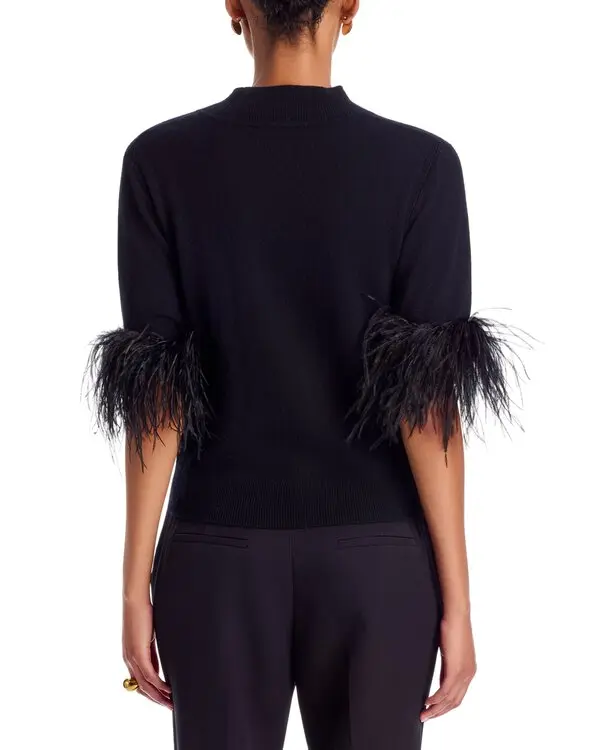 MILLY Feather Trim Short Sleeve Sweater