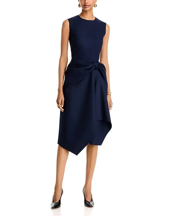 Oscar De La Renta Sleeveless Draped Waist Wool Blend Cocktail Dress - Navy