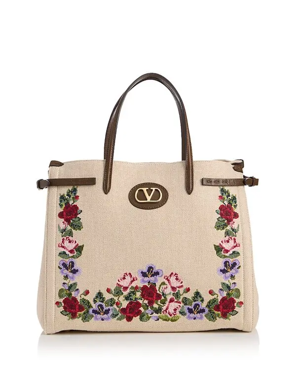 Valentino Garavani Antibes Vlogo Medium Embroidered Tote - Beige Multi
