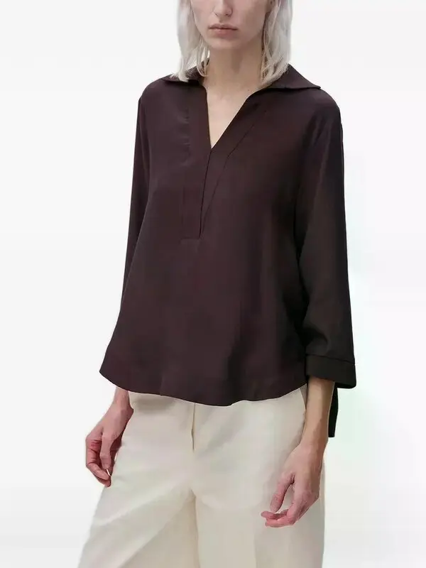 BENETTON V-neck Three-quarter Sleeve Blouse - Brown