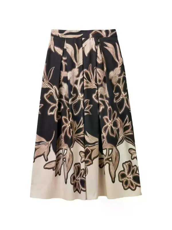 BENETTON Floral-print Pleated Midi Skirt - Black