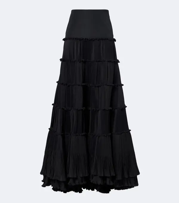 Blumarine Plissé Tiered Taffeta Maxi Skirt - Black