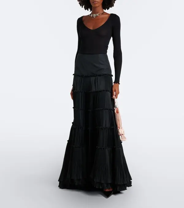 Blumarine Plissé Tiered Taffeta Maxi Skirt