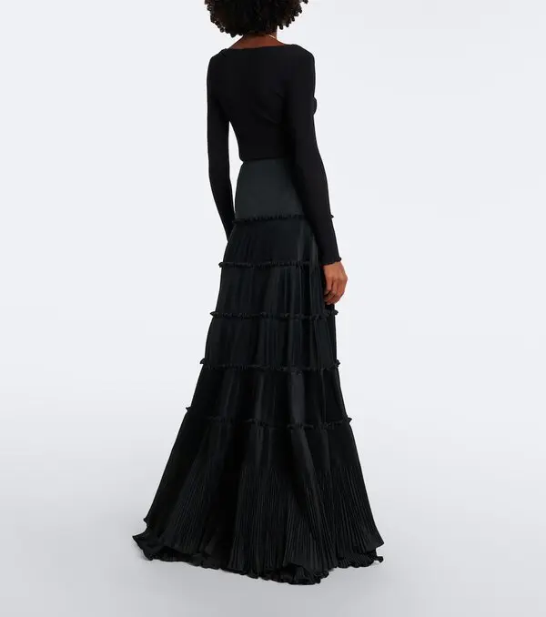 Blumarine Plissé Tiered Taffeta Maxi Skirt