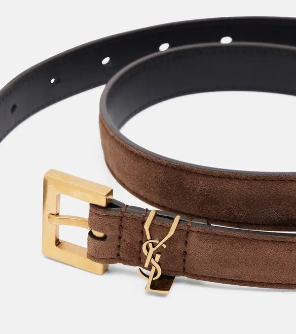 Saint Laurent Cassandre Suede Belt With Antique Gold Hardware