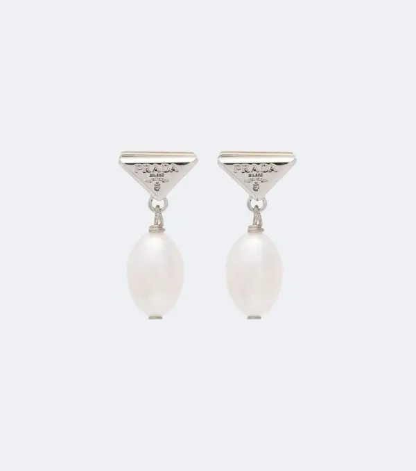 Prada Logo Pearl Drop Earrings