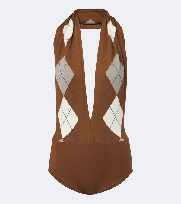 MUGLER Argyle Virgin Wool Bodysuit - Brown