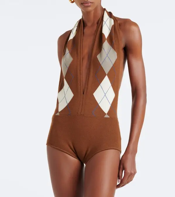 MUGLER Argyle Virgin Wool Bodysuit - Brown