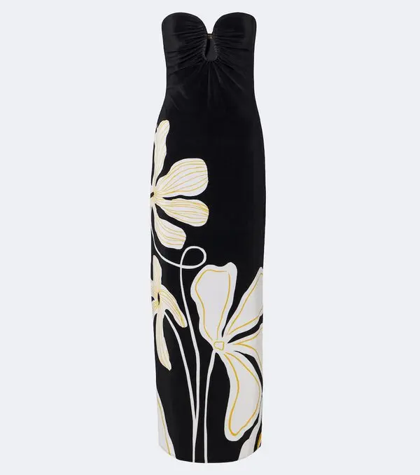 CALA DE LA CRUZ Yves Floral Strapless Velvet Maxi Dress - Black