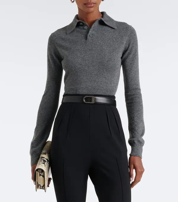 MUGLER Cropped Cashmere Polo Sweater In Heather - Grey