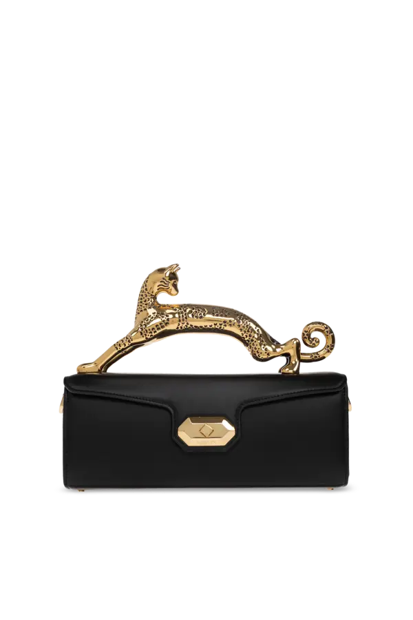 LANVIN Full-grain Leather Evening Bag With Gold Tone Cat Handle - Black