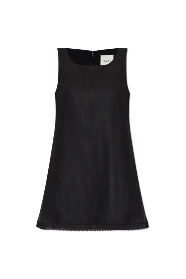 Posse Linen Shift Dress With Geometric Lace Trim - Black