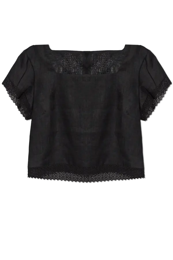 Posse Alfie Linen Cropped Top With Lace Trim - Black
