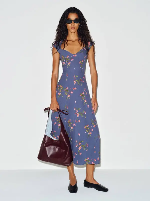 REFORMATION Marny Midi Dress With Cap Sleeves - Blue