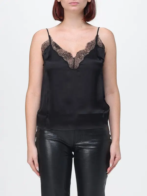 ANINE BING V-neck Silk Blend Evening Top With Lace Inserts And Thin Straps - Black
