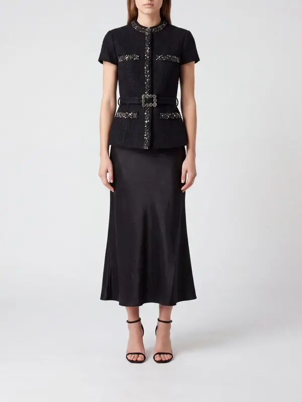 SELF-PORTRAIT Slim Fit Crêpe Midi Shirtdress With Jewelled Belt - Black