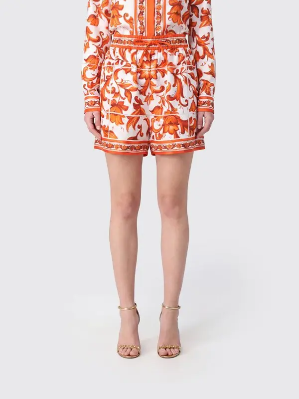 Dolce & Gabbana Cotton Shorts With Majolica Print And High Waist - Black
