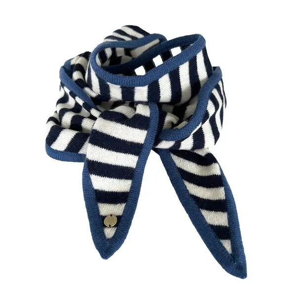 TIRILLM Ayla Small Neck Scarf In Soft Pure Cashmere, Navy And White Stripes With Denim Trimming - Blue