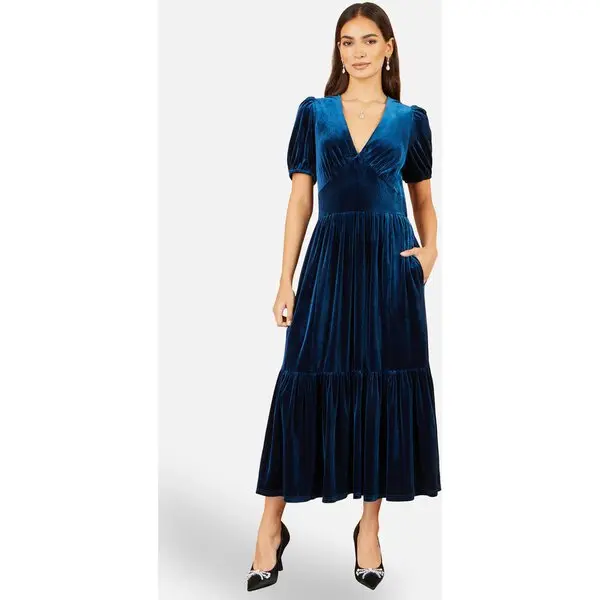YUMI Puff Sleeve V-neck Velvet Midi Dress - Teal