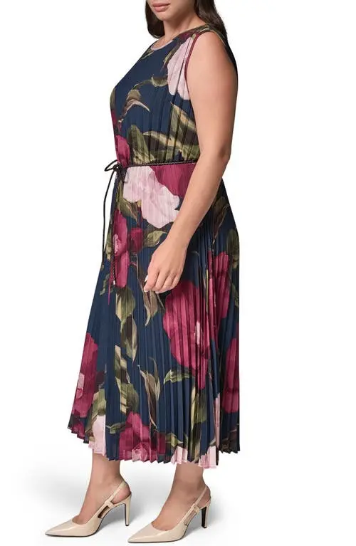 Donna Karan New York Floral Pleated Chiffon Midi Dress