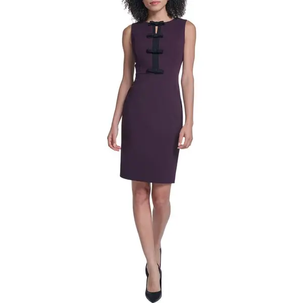 Karl Lagerfeld Paris Bow Scuba Sheath Dress - Fig/black