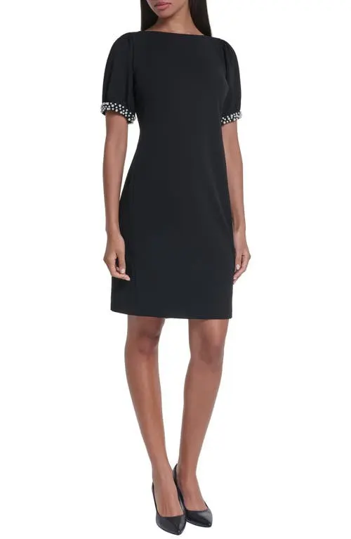 Karl Lagerfeld Paris Faux Pearl Detail Scuba Crepe Sheath Dress - Black