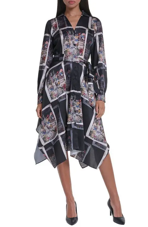 Karl Lagerfeld Paris Scarf Print Long Sleeve Handkerchief Hem Twill Shirtdress - Black Multi