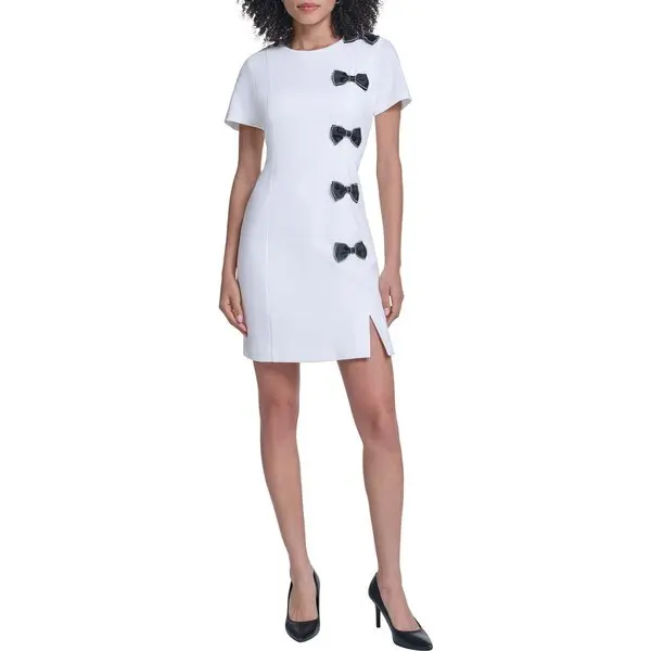 Karl Lagerfeld Paris Scuba Rhinestone Bow Sheath Dress - Soft White/black
