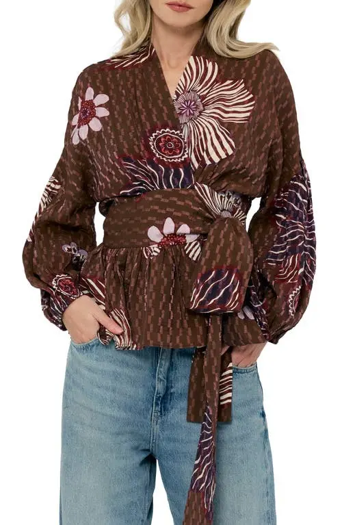 CIEBON Opal Floral Balloon Sleeve Wrap Top