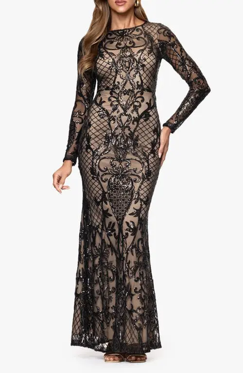 Betsy & Adam Sequin Placement Long Sleeve Gown