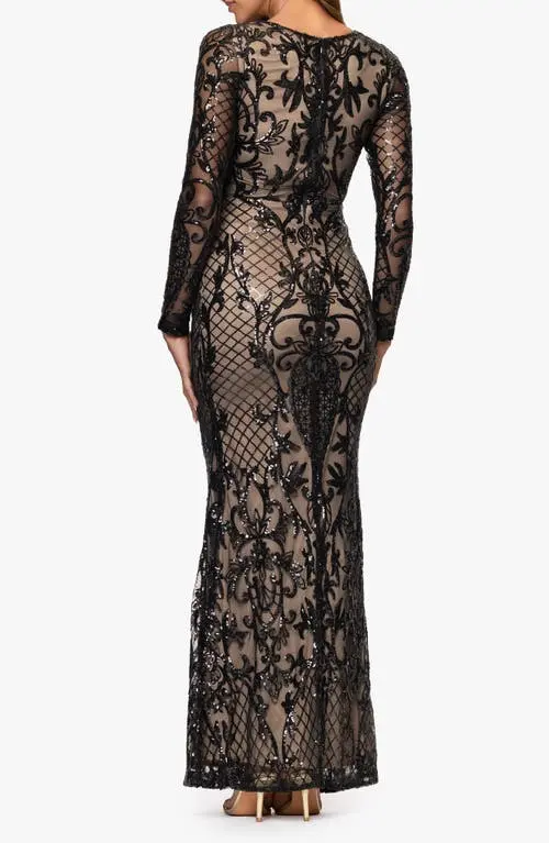 Betsy & Adam Sequin Placement Long Sleeve Gown