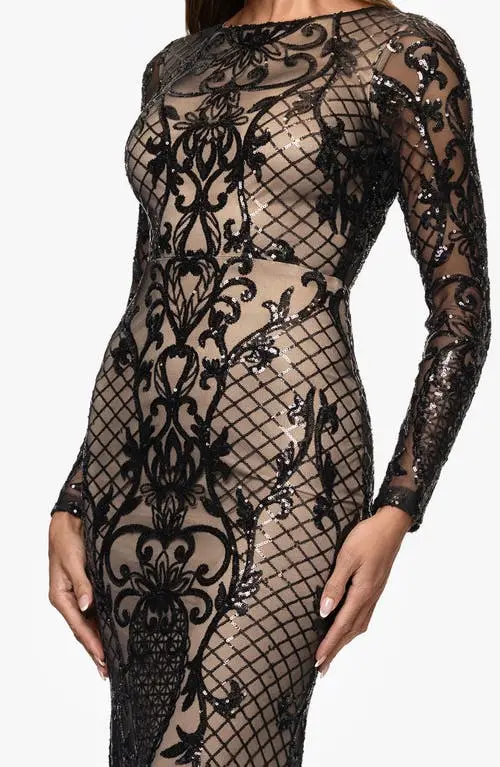 Betsy & Adam Sequin Placement Long Sleeve Gown