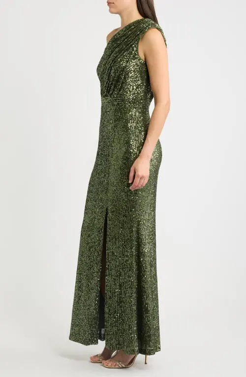 Eliza J One-shoulder Sequined Gown With Slit