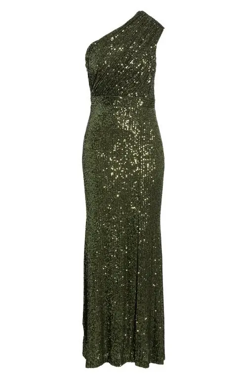 Eliza J One-shoulder Sequined Gown With Slit