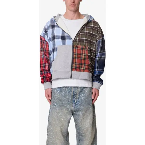 Mnml Patchwork Flannel Zip Crop Hoodie