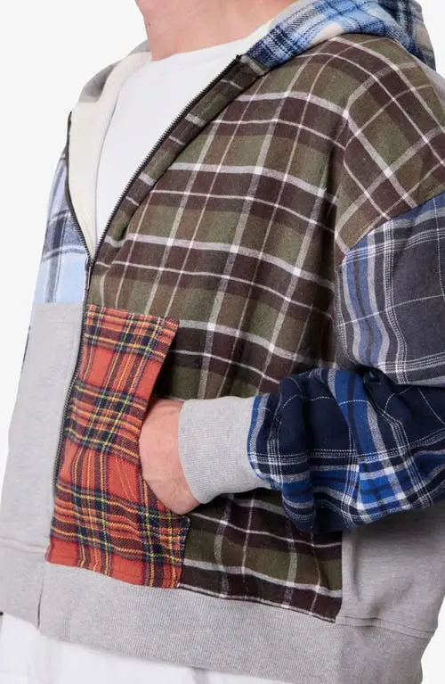 Mnml Patchwork Flannel Zip Crop Hoodie